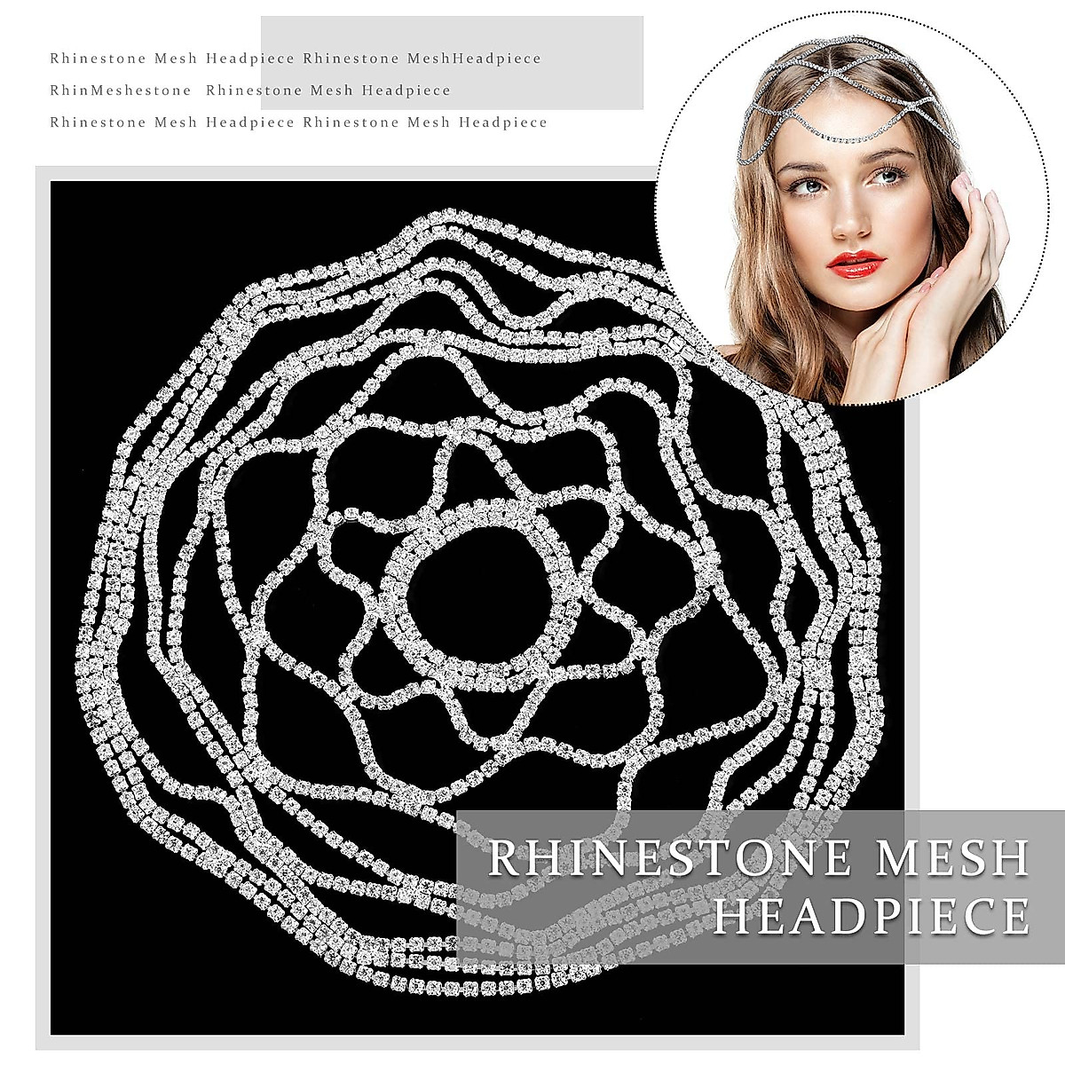 Juexica Rhinestone Mesh Headpiece for Women Head Chain 20s Cap Crystal Head Jewelry Flapper Headpiece Accessories for Bridal Party (Silver)