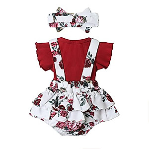 Newborn Baby Girl Clothes Summer Infant Romper Outfit Short Sleeve Suspender Dress Clothing with Headband Wine Red 3-6 Months
