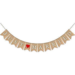 Just Married Burlap Banner,Just Married Party DecorationsI Bridal Shower Decorations Red Heart Garland for Valentine’s Day Wedding Party Decor, Bachelorette Bridal Shower Party Supplies, Anniversary Valentine’s Day Photo Background.