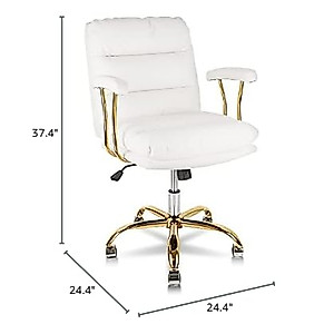 KLASIKA Ergonomic Office Desk Chair for Heavy People with Wheels and Arms, Faux Leather Computer Chair for Home Bedroom Office, White Chair Gold Caster