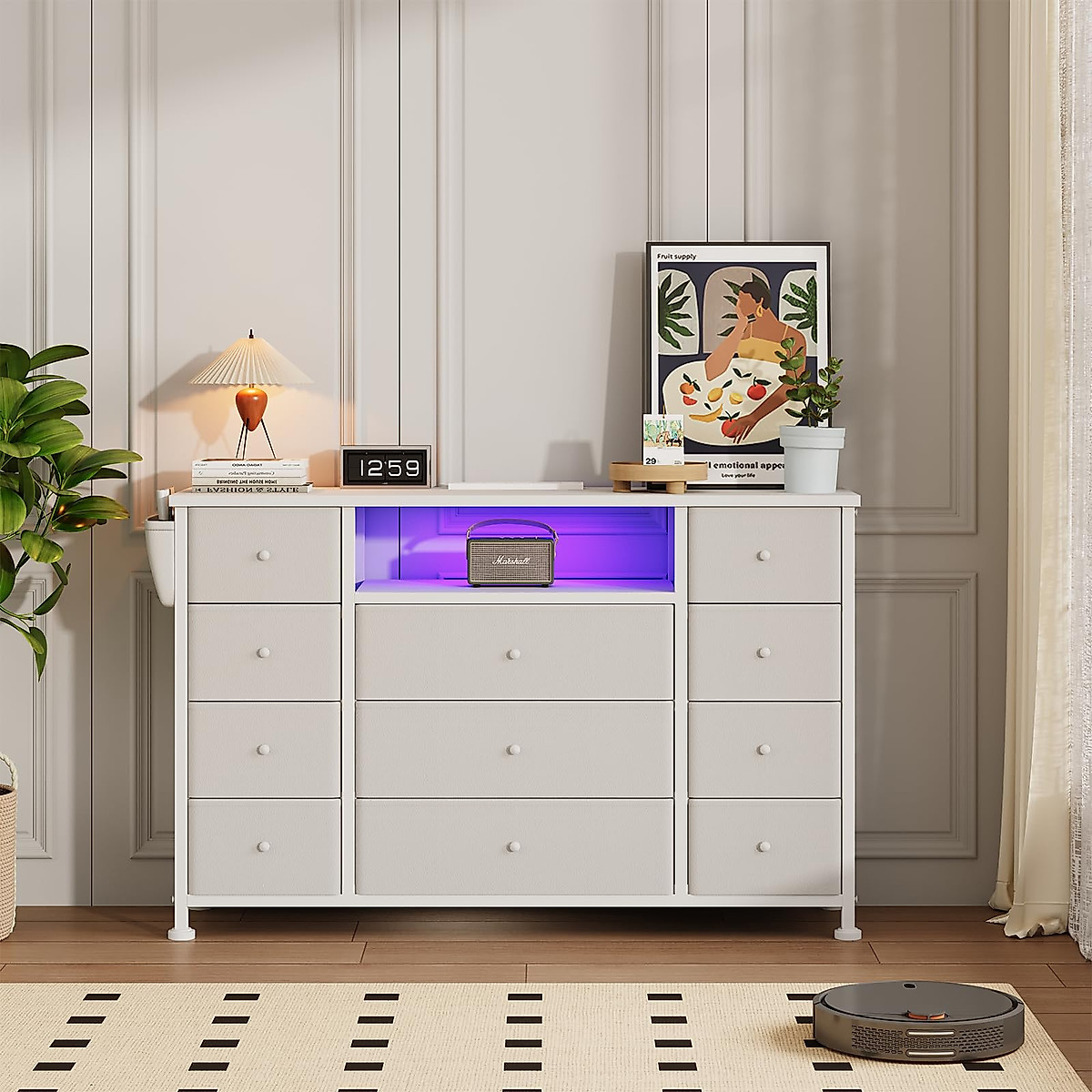 WODRAWER White Dresser with Power Outlets and LED Lights, Dresser for Bedroom with 11 Drawers, Dressers & Chests of Drawers with Side Pockets, Fabric Storage Organizer