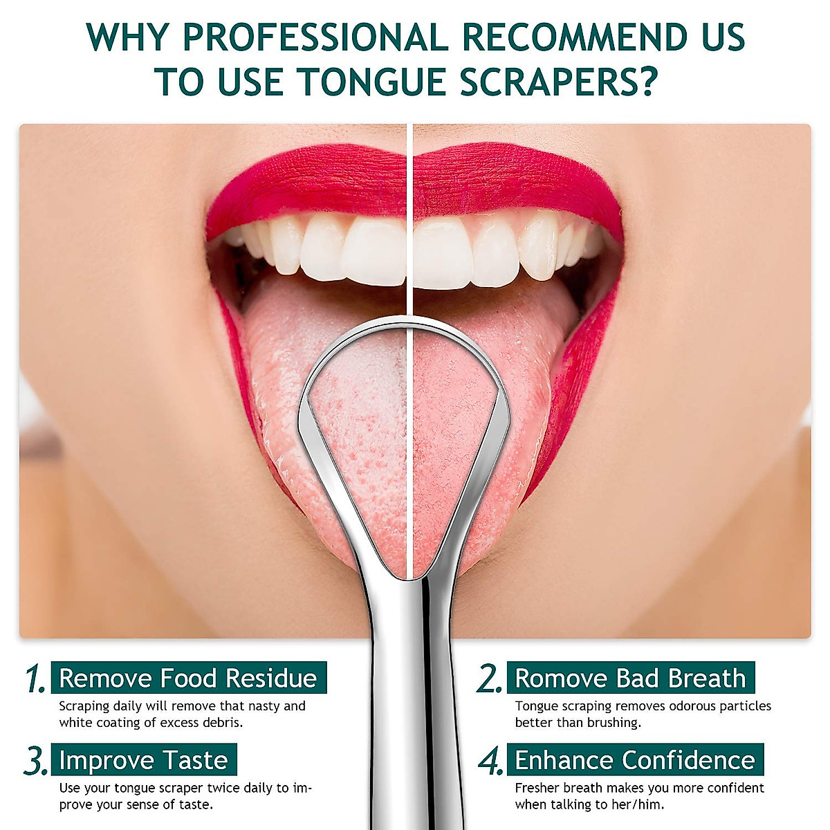 Tongue Scraper (2 Pack), Wide-head Tongue Cleaner with Nice Carrying Box, Easkep 100% Stainless Steel Tongue Scrapers Cleaners, for Men, Women, Adults, Kids，Silver