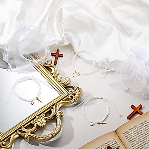 Ferreve 30 Sets Baptism Party Favors Cross Heart Bracelet Bulk with Organza Bag Christian Adjustable Religious Braided Rope for Church Wedding Baby Shower First Communion Sunday School Gifts(Gold)