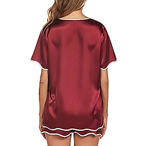 eshion Women's Short Sleeve Pjs Silk Pajama Top with Shorts Set Comfortable Summer Loungewear (Wine Red,XXL)