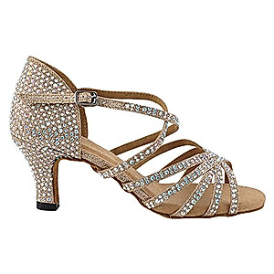 Very Fine Dance Shoes Ladies Latin, Salsa, Rhythm Ballroom Dance Shoes Crystal Collection 1613Bling 2.5 inch Low Heel & Foldable Shoe Brush (Champagne Glitter Satin, Size 5.5)