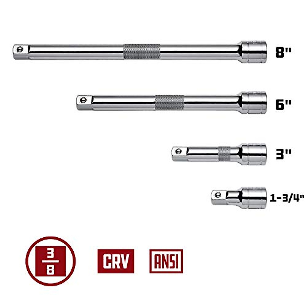 Powerbuilt 4 Piece Extension Bar Set, 3/8 Inch Drive, Socket Extender Bars, 1-3/4, 3, 6, and 8 Inch, Detent Ball, Grease Rings, Non-Slip Grip - 640844
