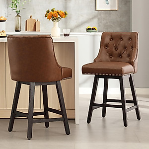 Busaurus Swivel Bar Stools Counter Height, 26" Faux Leather Upholstered Swivel Counter Stools with Back Set of 1, Modern Kitchen Island Stools with Solid Wood Legs, Brown