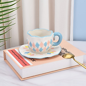 Koythin Ceramic Coffee Mug with Saucer Set, Cute Creative Rhombus Lattice Cup Unique Irregular Design for Office and Home, 10 oz/300 ml for Latte Tea Milk (Diamond Check)