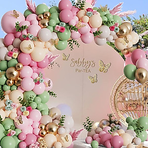 Sage Green And Pink Balloon Arch Kit With Shiny Gold Butterfly Stickers,177Pcs Pastel Green Blush Gold Balloon Garland For Spring Tea Party Decoration Wedding Bridal Baby Shower Fairy Balloon Arch