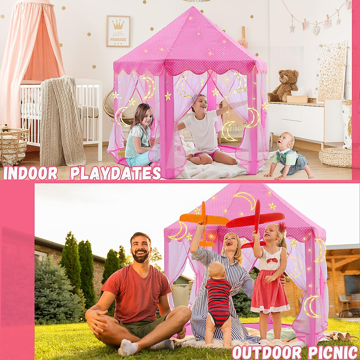 LOJETON Princess Castle Play Tent with Big Moon Star String Lights for Girls, Large Hexagon Playhouse, Kids Dream Tent Toy for Children Indoor Outdoor Games, 55" x 53" (Pink)
