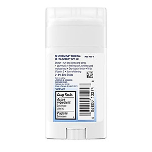 Neutrogena Ultra Sheer Dry Touch SPF 50 Mineral Sunscreen Stick for Sensitive Skin, Face & Body Sunscreen with Zinc Oxide & Vitamin E, No White Residue, Non-Comedogenic & Vegan, 1.5 oz
