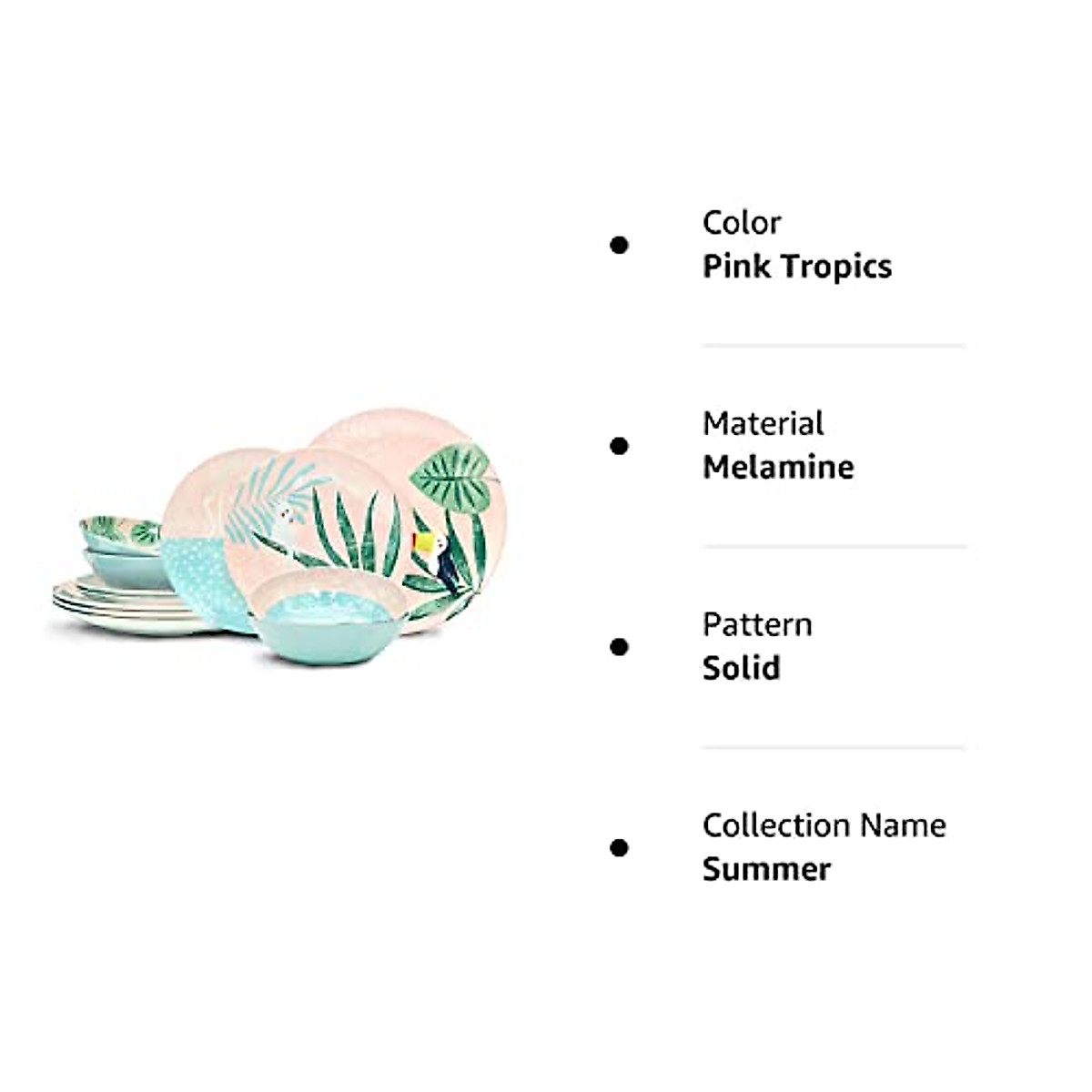 Zak Designs Dinnerware Sets for Indoors and Outdoors, 12 Pieces Melamine Plastic Plate and Bowls for Dinnertime with Family (Summer Prints Pink Tropics)