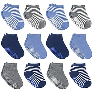 Debra Weitzner 12 Pairs Non-Slip Toddler Socks With Grips for Baby Boys and Girls - Anti-Slip Crew Socks for Infant's and Kids