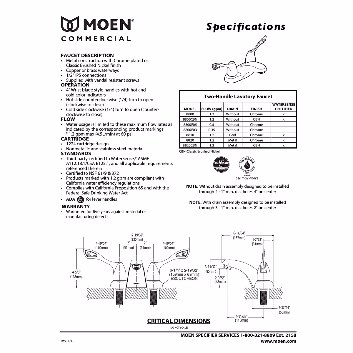Moen Commercial M-Bition Chrome Two-Handle Centerset Bathroom Faucet 1.5 GPM, Single Mount Lavatory Sink Faucet, 8800
