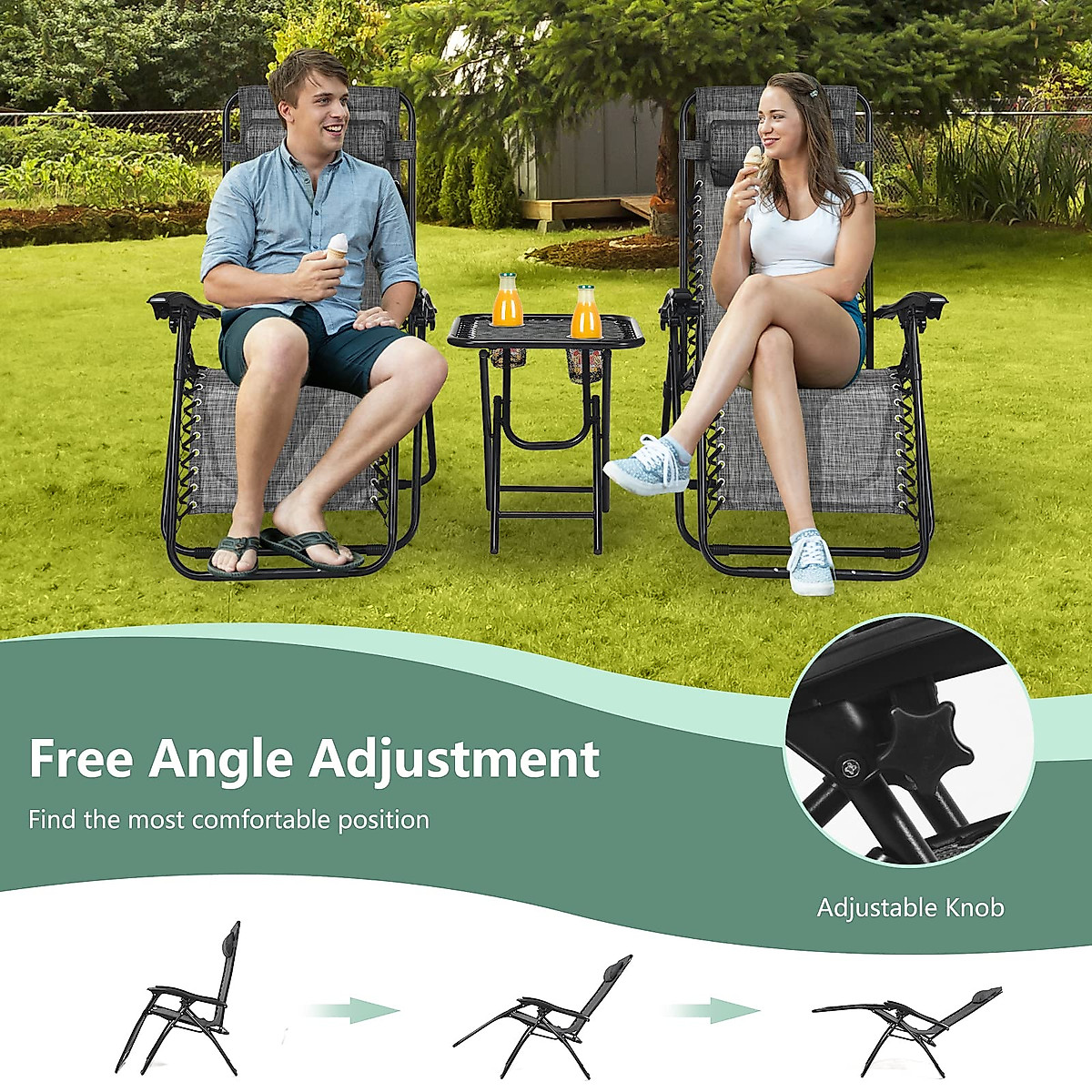 HAPPYGRILL Zero Gravity Lounge Chairs Set with Coffee Table, Folding Reclining Chairs with Side Table and Pillow, 3 Pieces Adjustable Patio Lawn Recliner Set for Outdoor Garden Camp Travel