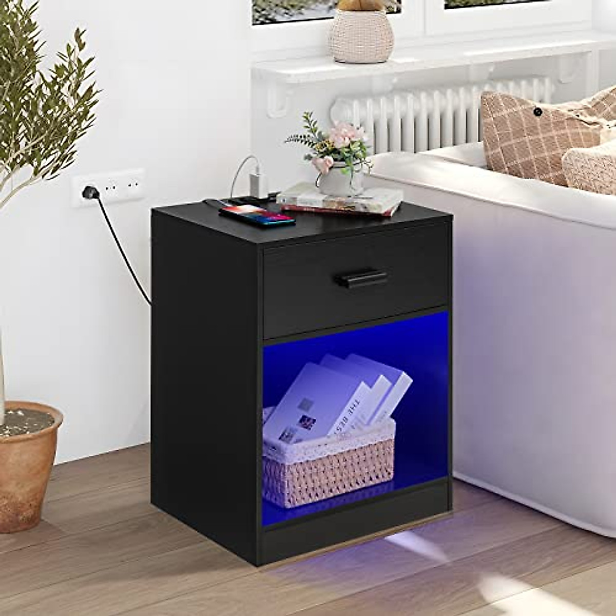 Quimoo Nightstand Set of 2 with Charging Station and LED Light, Bedside Table with 1 Drawer, Modern Nightstand with 1 Open Storage Space for Bedroom, Black