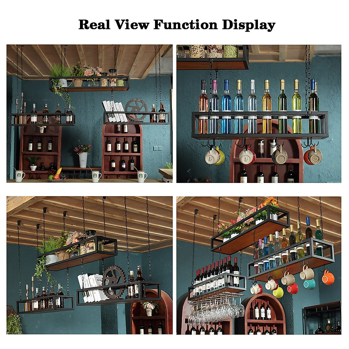 Ceiling Decoration Ceiling Shelf Ceiling Wine Rack Height-Adjustable Decoration Shelf,Retro Iron Solid Wood Ceiling Shelf Single-Layer,for Bars/Restaurants/Kitchens (Size : 100X25X