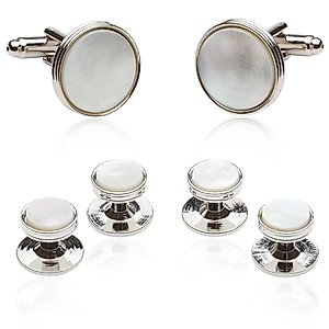 Mother of Pearl Cufflinks and Studs Tuxedo Set White Silver Formal Set Round Tuxedo Formal Set with Presentation Idea Box Mens White Wedding Studs Set