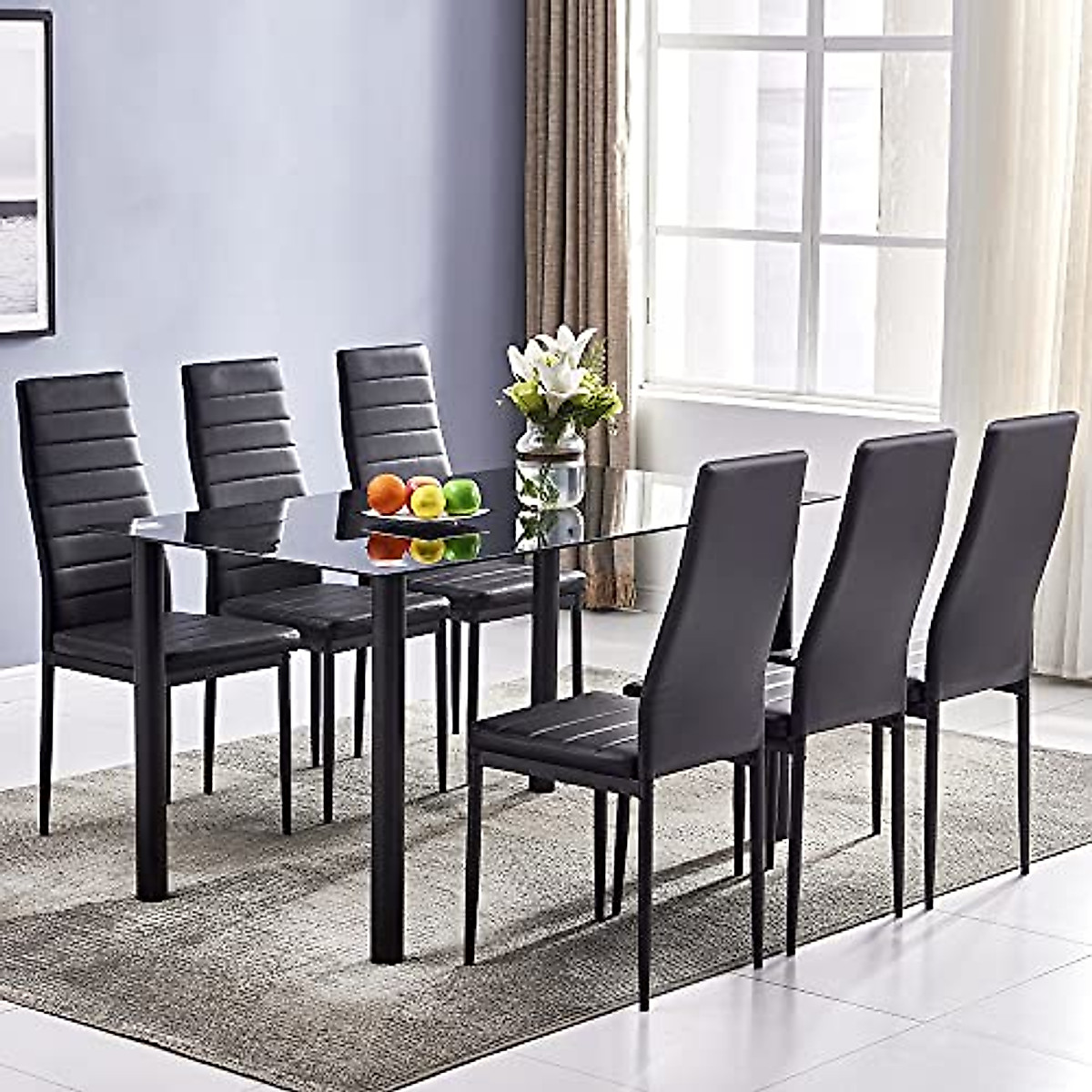 YEBDD 6-Seater Dining Table Chair Set Includes 1 Tempered Glass Dining Table + 6 High Backrest Dining Chairs Black