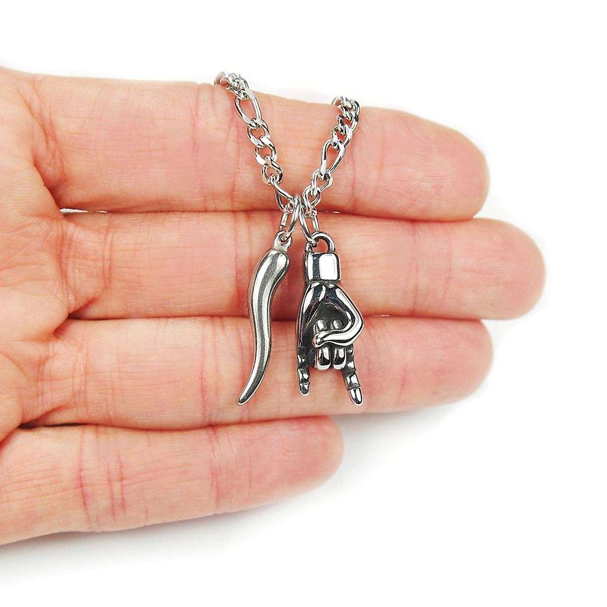 Mano Cornuto and Cornicello combo Necklace, on 24" Figaro Chain, Portafortuna Italian Lucky Hand Horn Anti Evil Good Luck Protection Amulet Charms, Pure 304 Stainless Steel Waterproof, Hypo-Allergenic