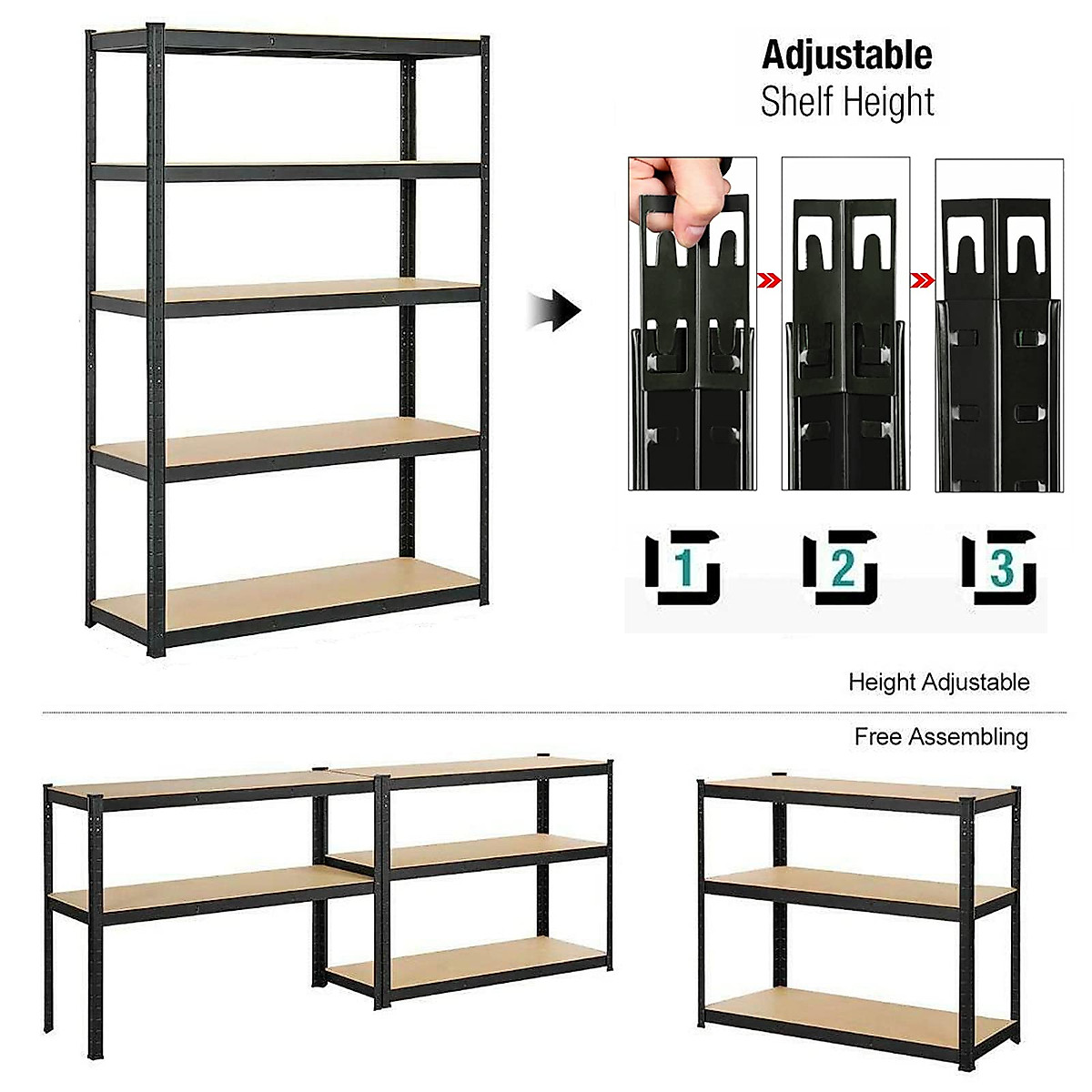 5-Tier Steel Storage Shelves, Heavy Duty Garage Shelf with Adjustable Shelves, Boltless Shelving Unit for Free Combination, Home Office Metal Utility Shelves, 67" H x 30" W x 12" D, Black