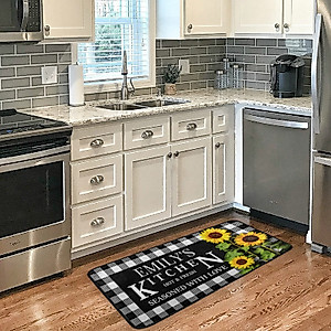 White Buffalo Plaid Custom Kitchen Rugs Non Slip Sunflower Kitchen Floor Mats Cushioned Personalized Kitchen Mats and Rugs Washable Anti Fatigue Mats for Sink Laundry Standing Home Decor - 39x20 in