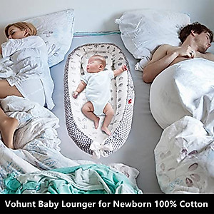 Vohunt Baby Lounger for Newborn,100% Cotton Co-Sleeper for Baby in Bed with Handles,Soft Newborn Lounger Adjustable Size & Strong Zipper Lengthen Space to 3 Tears Old(Triangular Crown)