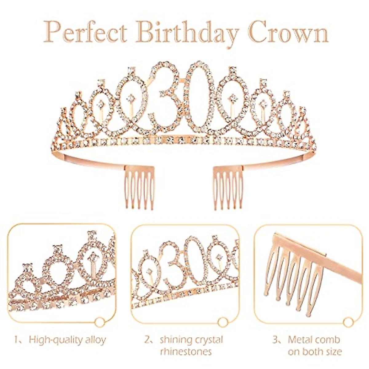 Janinus 30th Birthday Tiara And Sash For Women Rose Gold 30th Birthday Decorations For Her - Rose Gold 30th Birthday Sash, Crown/Tiara and Birthday Cake Toppers 30th Birthday Gifts For Her