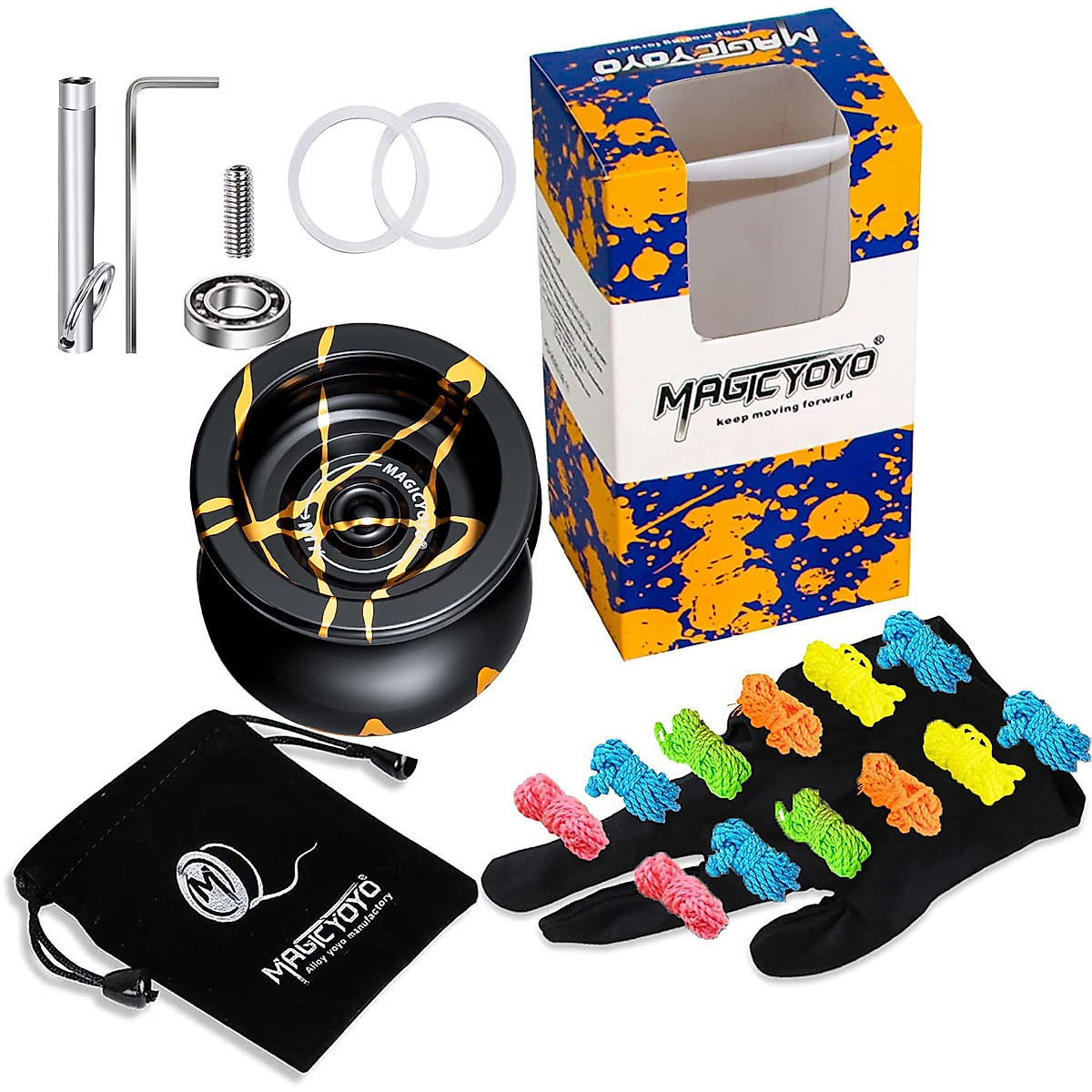 MAGICYOYO N11 Professional Unresponsive Yoyo N11 Alloy Aluminum YoYo Ball (Black with Golden) with Bag, Glove, 12 Yoyo Strings and Responsive Bearing Kit
