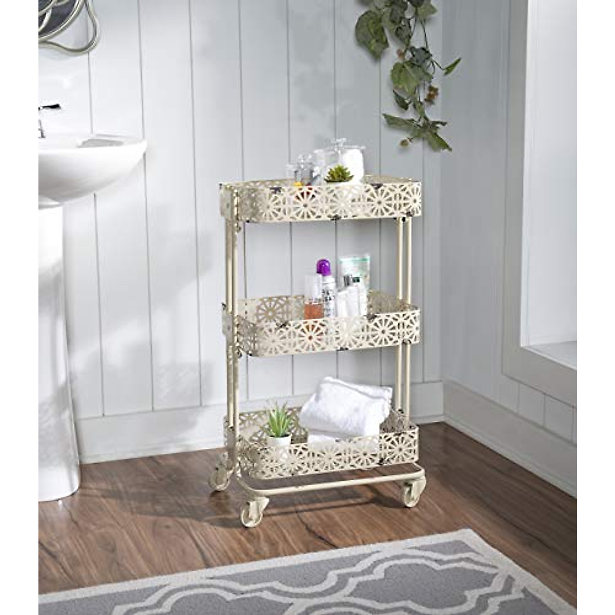 Linon Cream Three Tier Metal Rolling Melissa Cart, 29.5" x 17" x 11"