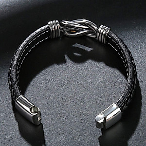 Mother and Son Forever Linked Together Braided Leather Bracelet， To My Son Bracelets from Mom Stainless Steel Interlocking Wristband Son Graduation Inspirational Birthday Jewelry Gift with Card Box,