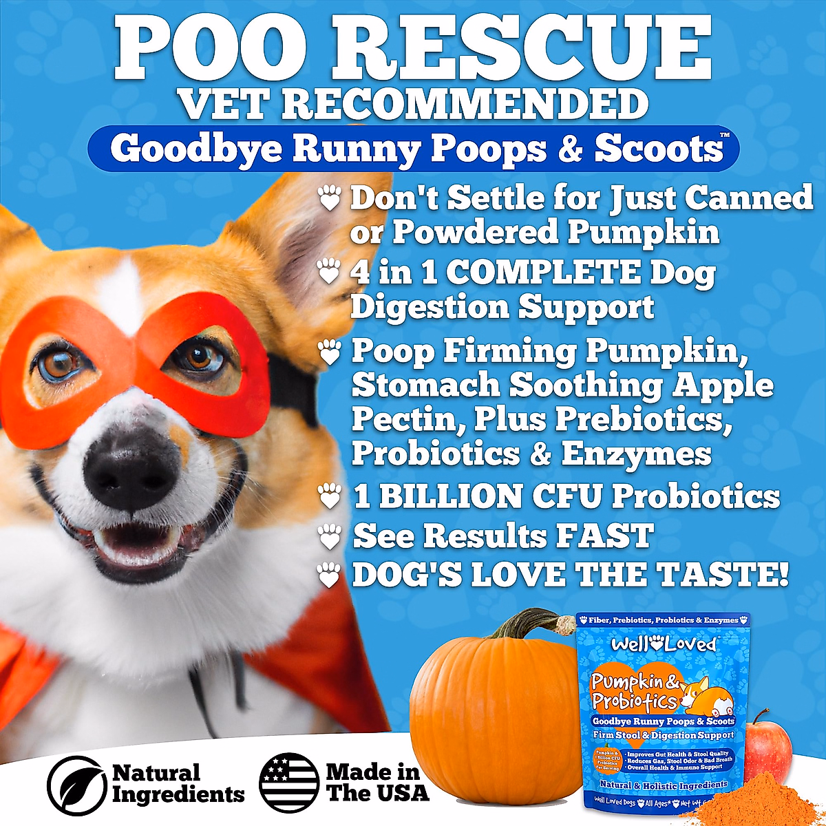 Well Loved Pumpkin for Dogs - Pumpkin Puree, Canned Pumpkin (Alternative), Fiber for Dogs, Probiotic Powder, Pumpkin Powder, Dog Diarrhea, Digestive Support, Perfect for Firm Poops and No Scoots, 6 oz