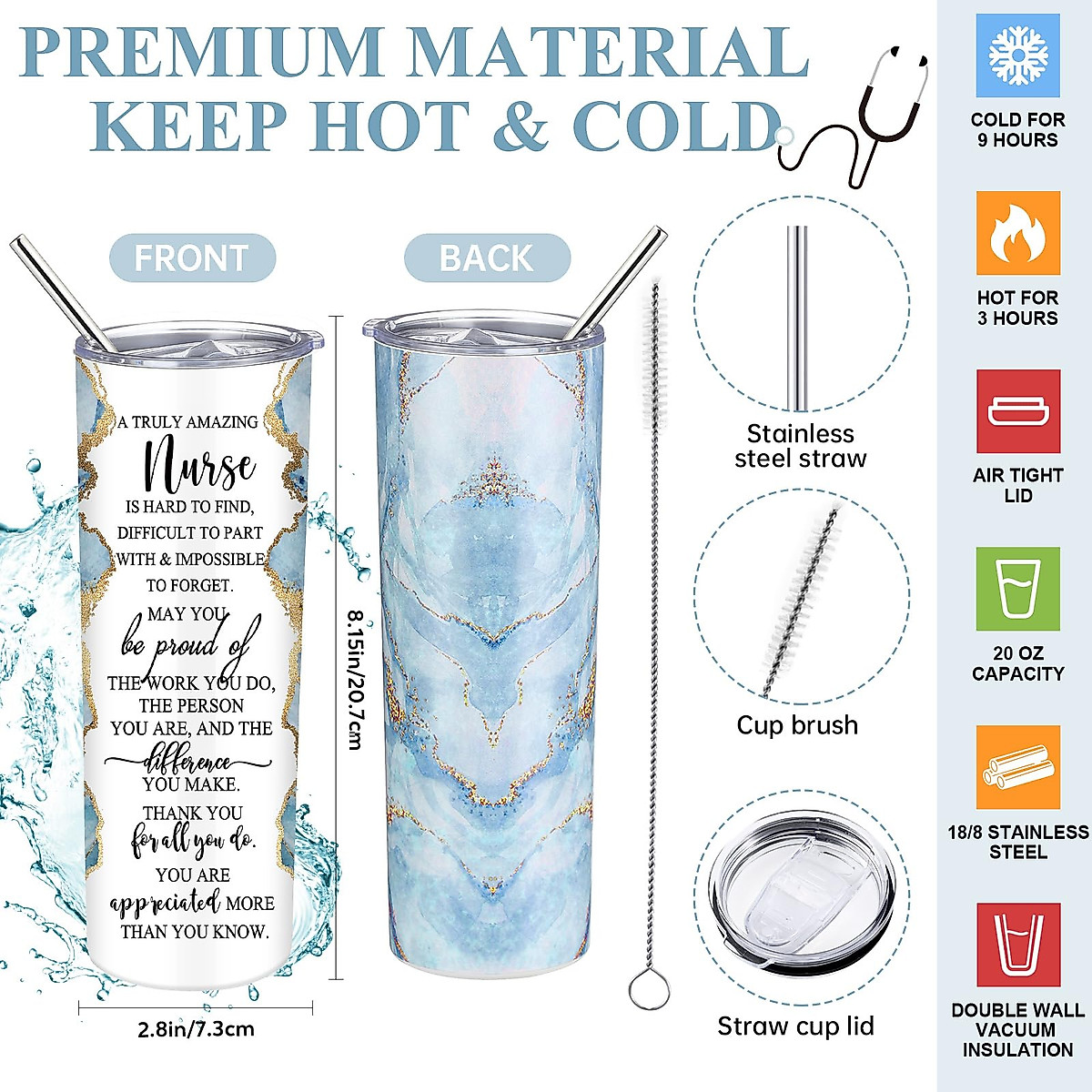 Domensi 6 Pcs Nurse Week Appreciation Gifts for Women Medical Nursing Assistant 20 oz Marble Sign Tumbler Makeup Bag Notepad with Ballpoint Pen for Graduation Nursing Student(Blue)