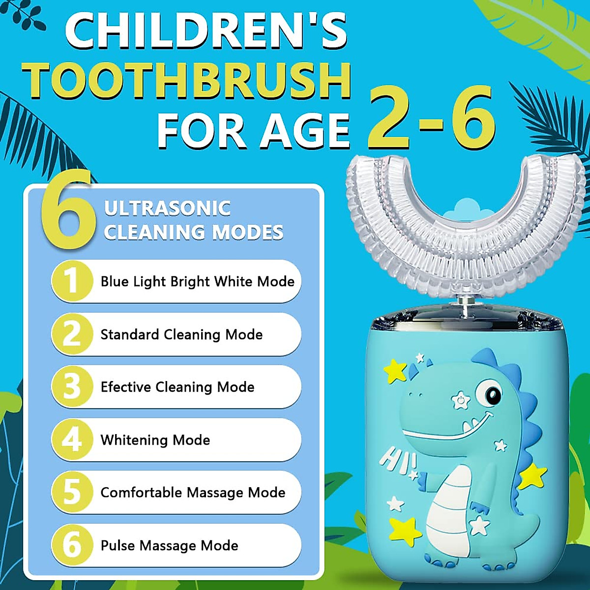 Kids U Shaped Toothbrush Dinosaur Electric Ultrasonic Automatic Brush with 6 Modes Replacement Brush Head IPX7 Waterproof Powered Smart Timer Auto Clean for Children 2-6 Years Old