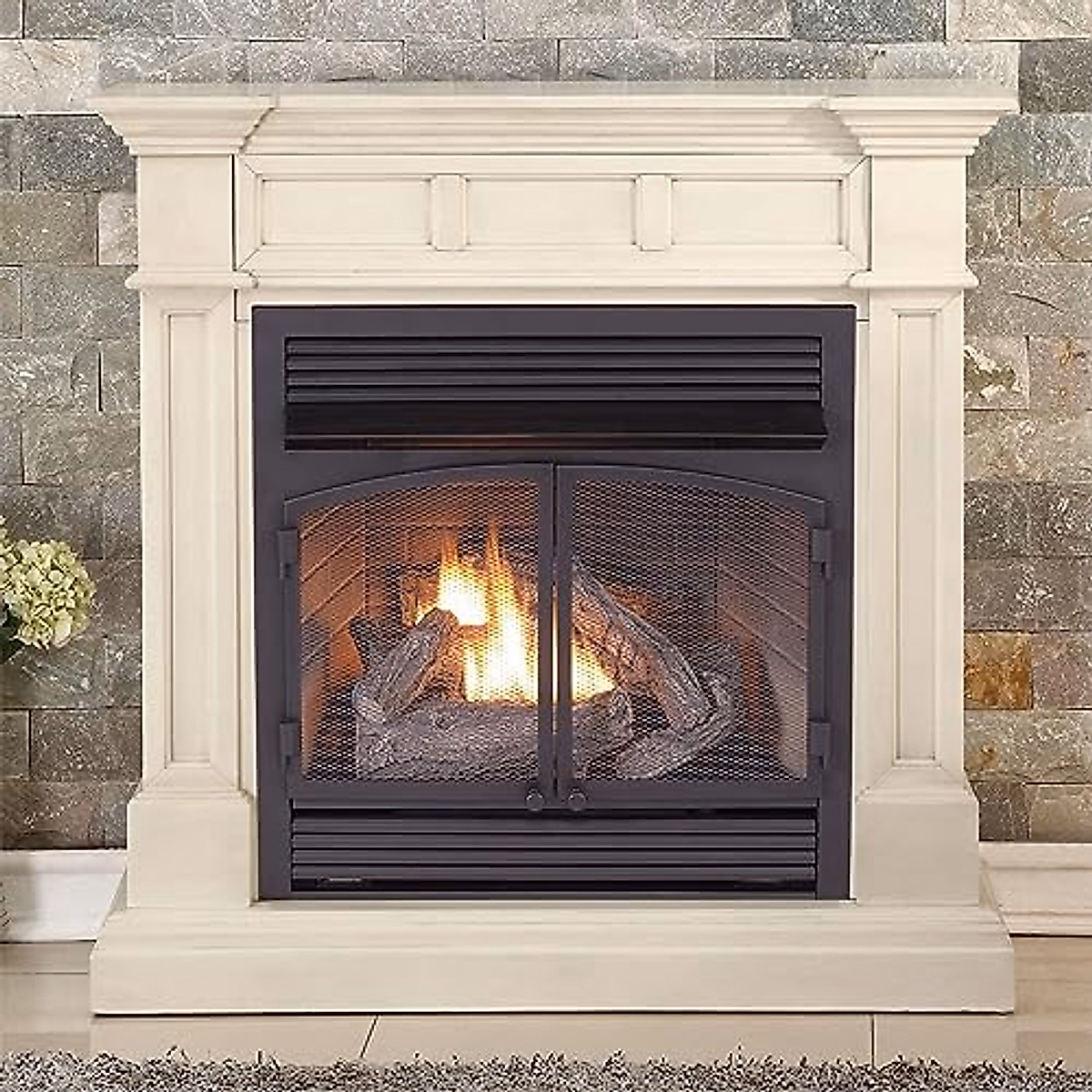 Duluth Forge Dual Fuel Ventless Gas Fireplace System with Mantle, Remote Control, 6 Fire Logs, Use with Natural Gas or Liquid Propane, 32000 BTU, Heats up to 1500 Sq. Ft., Antique White