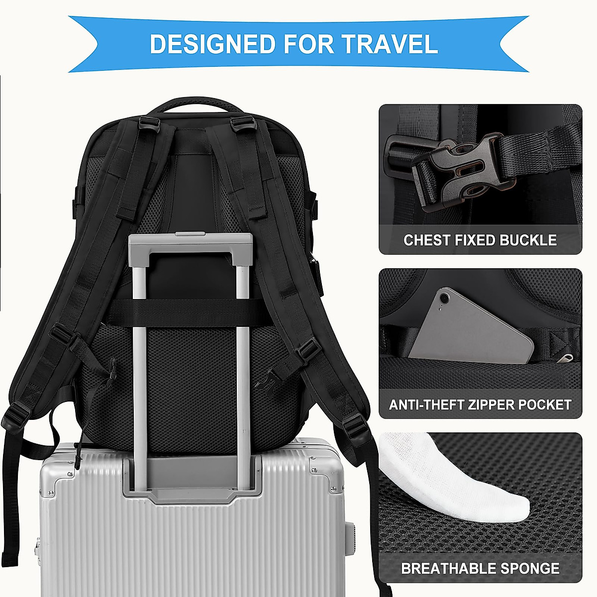 Large Travel Backpack for Women Men, Carry On Backpack,Hiking Backpack Waterproof Outdoor Sports Rucksack Casual Daypack Fit 15.6 Inch Laptop with USB Charging Port Shoes Compartment(Black Expansion)