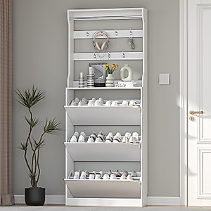 Boonatu Shoe Cabinet Storage for Entryway, Shoe Cabinet Storage with 3 Flip Drawers, Shoe Cabinet for Entryway Slim Space, White Shoe Cabinet Freestanding Wood Tall Shoe Rack for Entryway, Hallway