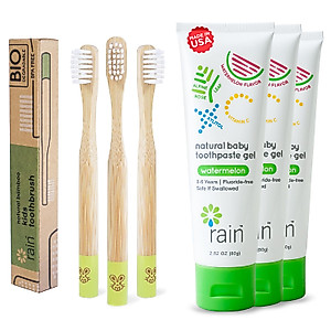 Rain Natural Bamboo Kids Toothbrush Set Fluoride-Free Baby Toothpaste Safe to Swallow with Vitamin C for 6 to 12 Months Up Infant Toddler Toothbrush BPA-Free Biodegradable (3 Toothbrush 3 Toothpaste)