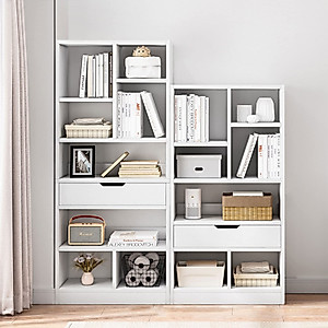 IOTXY Wooden Open Shelf Bookcase - 61" Height Free Standing Display Storage Cabinet Organizer with 8 Cubes and a Drawer, Floorstanding Bookshelf, Warm White