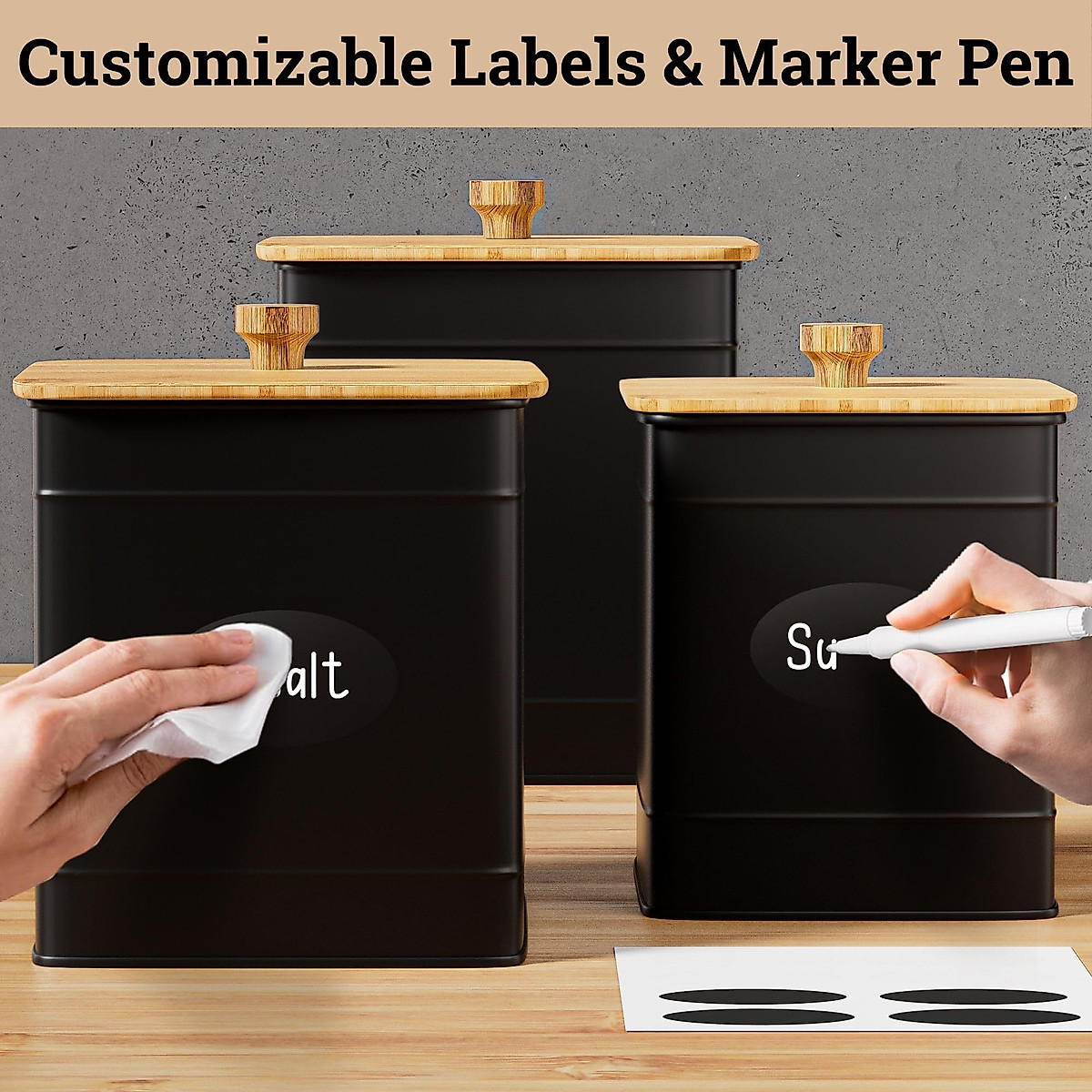 Kitchen Canisters for Countertop Set of 3 with Customizable Chalkboard Labels & Marker Pen - Big Iron Kitchen Canisters with Airtight Lids - Canisters Sets for the Kitchen - Black Kitchen Canister Set