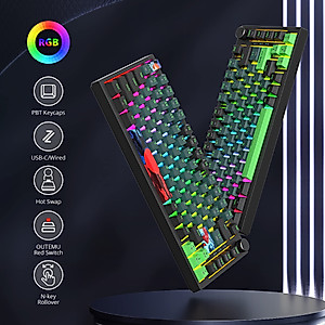 Fogruaden Wired 75% Percent Mechanical Keyboard Hot Swappable, Red Switch, RGB Backlit, 82 Keys TKL Mechanical Keyboard, NKRO Compact Gaming Keyboard, Volume Control Knob (Soundwave)