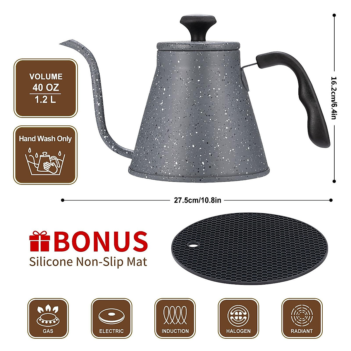 KOTEFFR Gooseneck Kettle for All Stovetops - 40oz/1.2L Coffee Kettle with Optimal Spout and Built-In Thermometer Pour Over Kettle with Premium Food Grade Stainless Steel for Health Protection