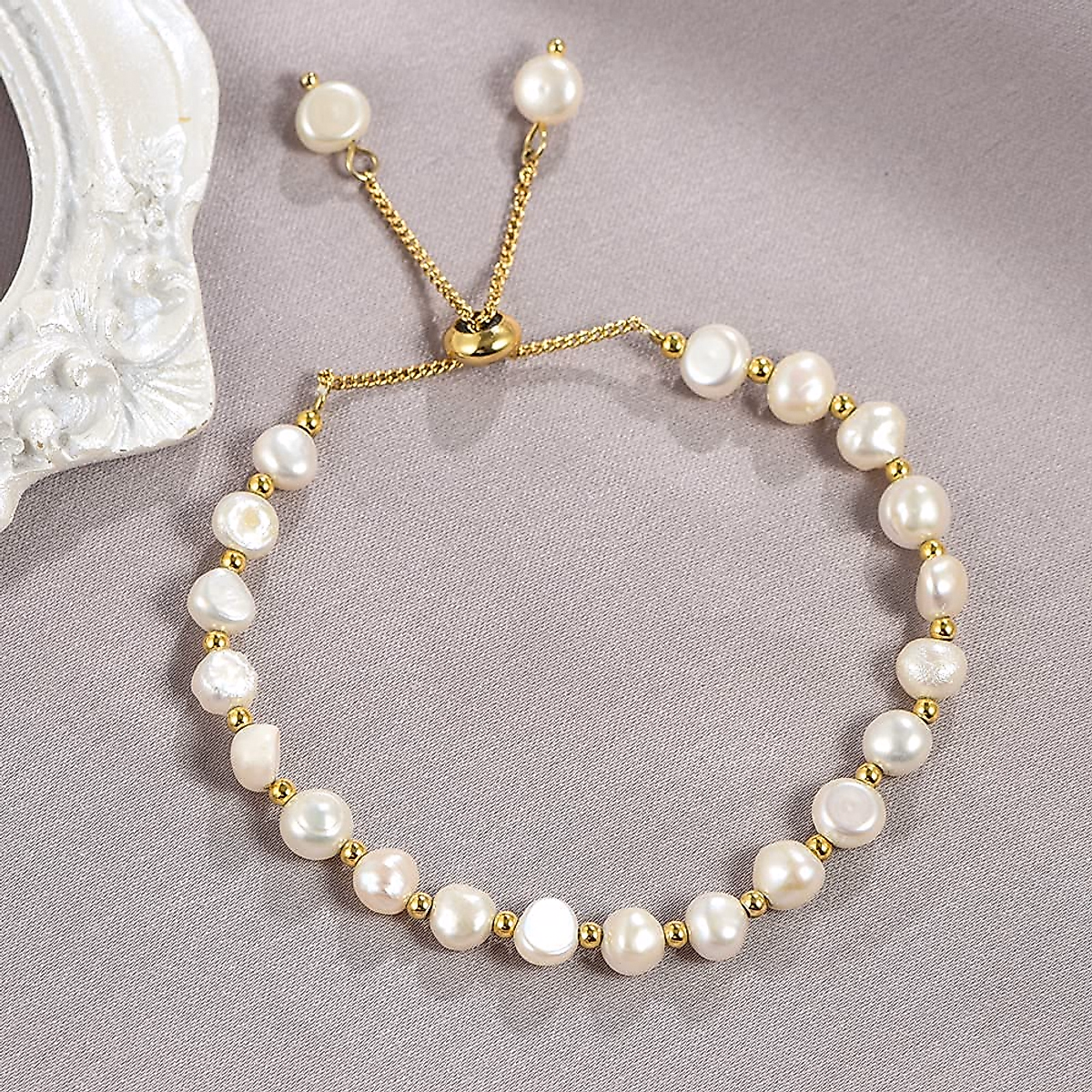WOWORAMA Pearl Bracelet for Women Gold Adjustable Slider Bracelet Dainty Baroque Bracelet for Wedding Bride Bridesmaid Jewelry