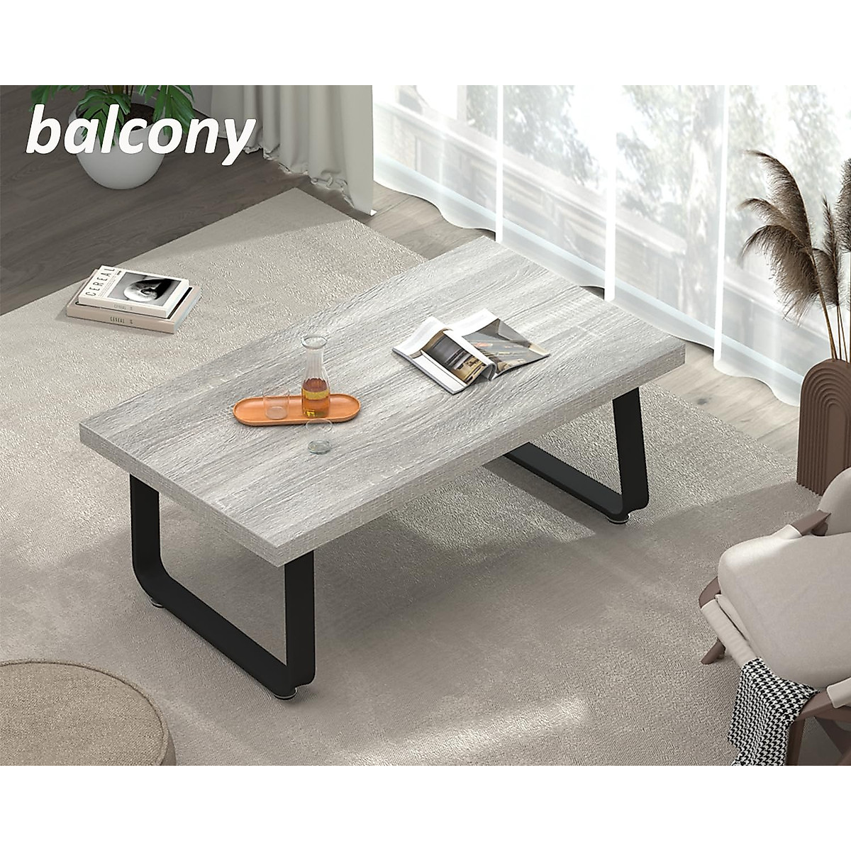 HSH Grey Small Coffee Table, Modern Minimalist Coffee Center Table, Rectangle Simple Wooden Living Room Table, Industrial Wood and Metal Tea Table for Home Bedroom Home Office, Light Grey Oak, 39 in