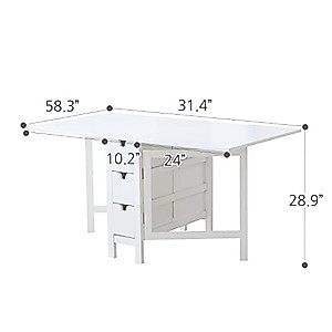 Livinia Wings Gate-Leg Wooden Dining Table, Solid Hardwood Expandable Drop Leaf Space Saving Kitchen Table with 6 Drawers Fully Assembled(White)