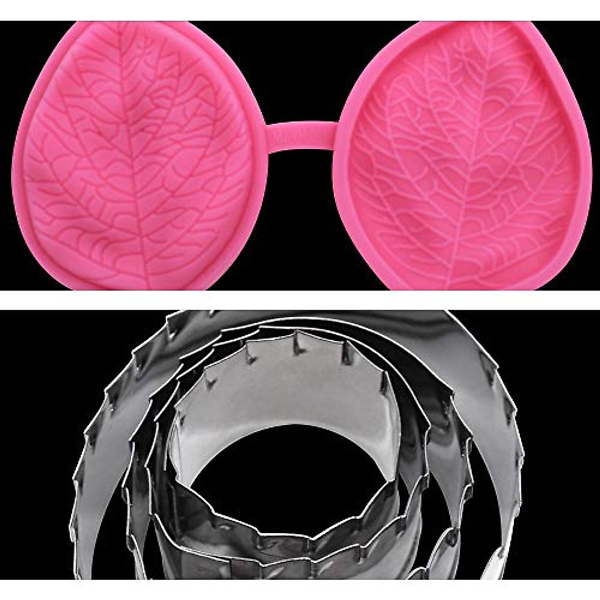 AK ART KITCHENWARE Fondant Leaf of Rose Silicone Veiner Molds Stainless Steel Cutters Set Sugarpaste Tools Cake Decorating Tools (Sawtooth Leaves)