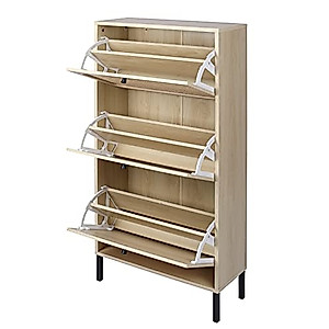 Rattan 3-Drawer Shoe Cabinet Rustic Freestanding Shoe Rack Organizer Wooden Entryway Narrow Shoe Storage Cabinet w/Natural Rattan Flip Doors for Closet Hallway Small Space(1 Pack-Natural)