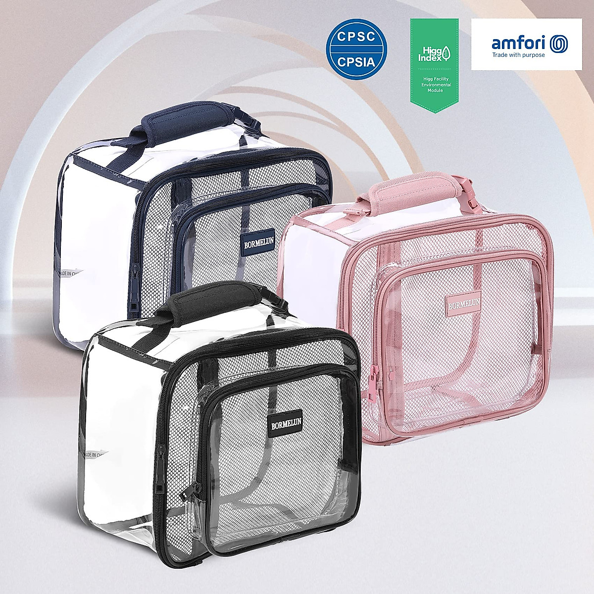 BORMELUN ® Large Pink Clear Lunch Bags for Girls,See Through Plastic Lunch Box，Tote Handle for Women,Office,School Picnic(11x9x6 inches)