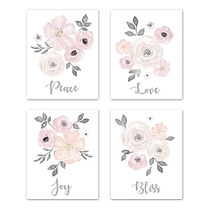 Sweet Jojo Designs Blush Pink, Grey and White Love Peace Joy Bliss Wall Art Prints Room Decor for Baby, Nursery, and Kids for Watercolor Floral Collection - Set of 4