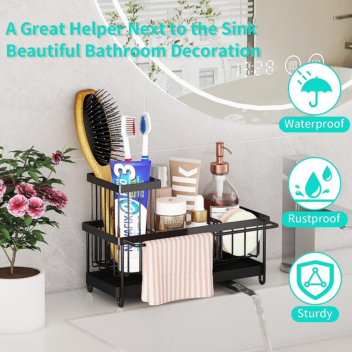 Godboat Sponge Holder for Kitchen Sink - Kitchen Sink Organizer with Brush Holder, 201 Stainless Steel, Sink Caddy with Auto-Drain, 360° Swivel Spout, Cool Gadgets for Apartment, Farmhouse and RV